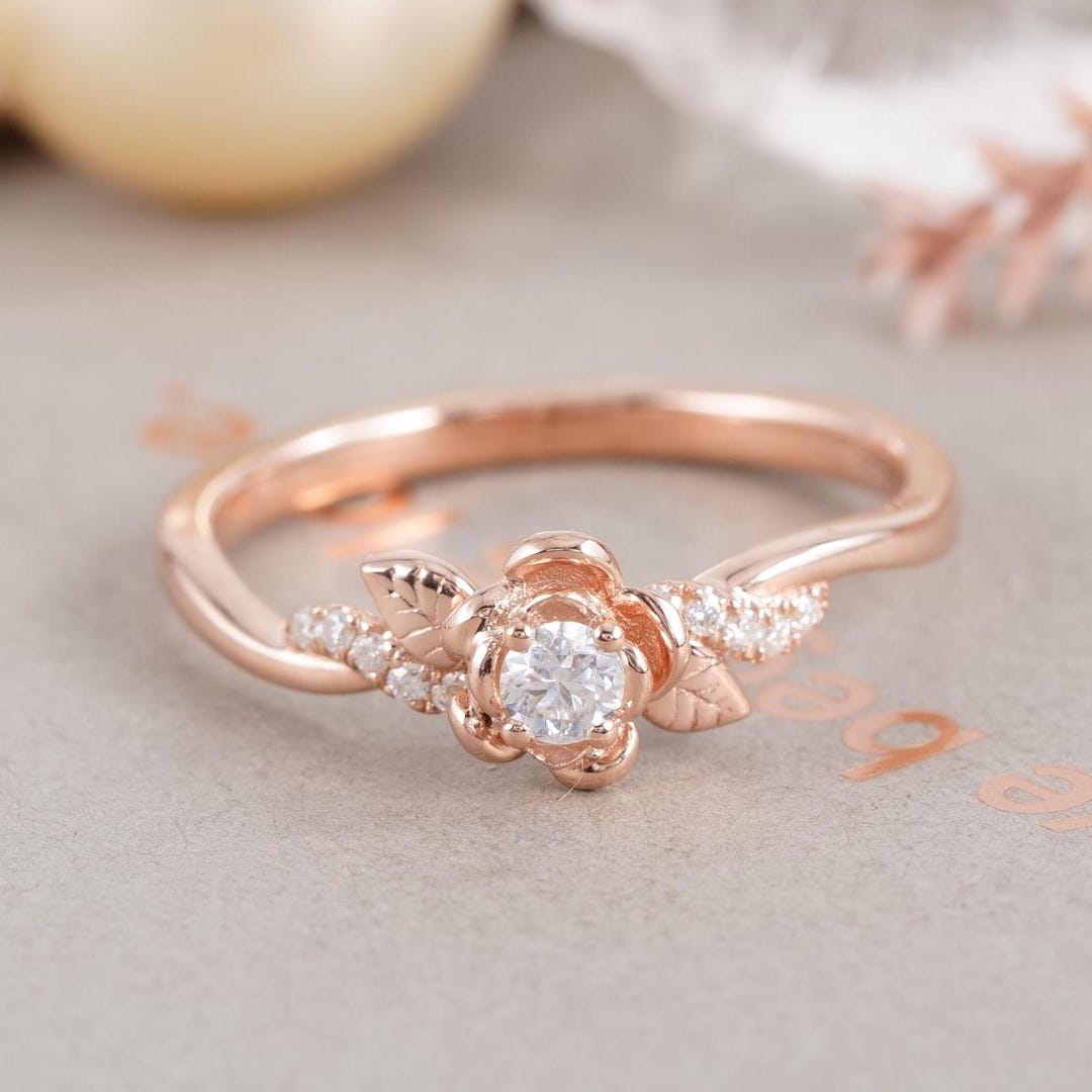Nature Inspired Flower Shape Engagement Ring, Rose Gold Color Silver ...