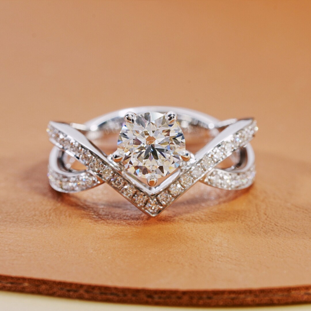 Dainty Round Cut Diamond Crossover Shank Pave Engagement Ring, 14K Gold ...