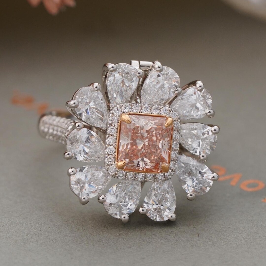 Nature Inspired Flower Shape Engagement Ring, Radiant Cut Pink Diamond ...