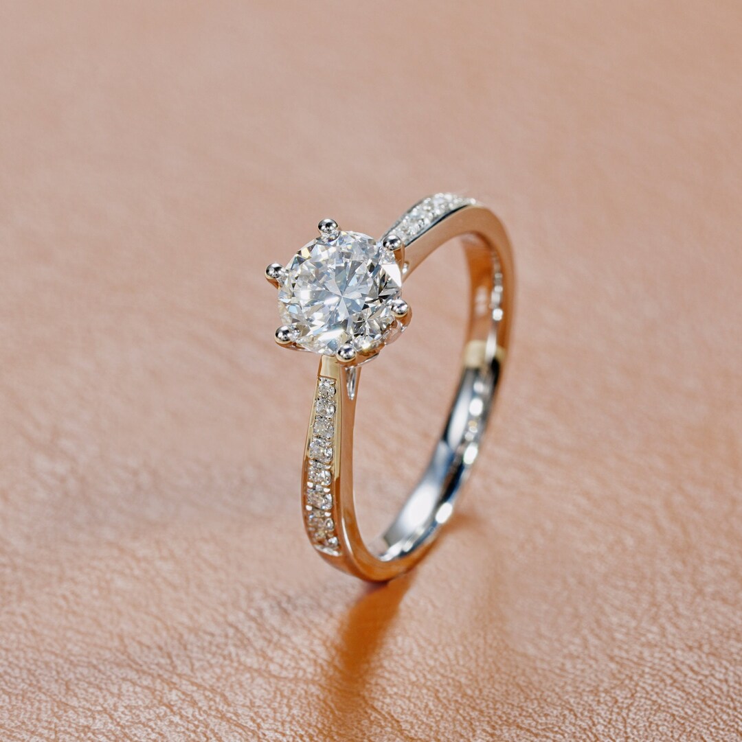 Round Cut Diamond Engagement Ring, Pave Prong Setting Ring, White Gold ...