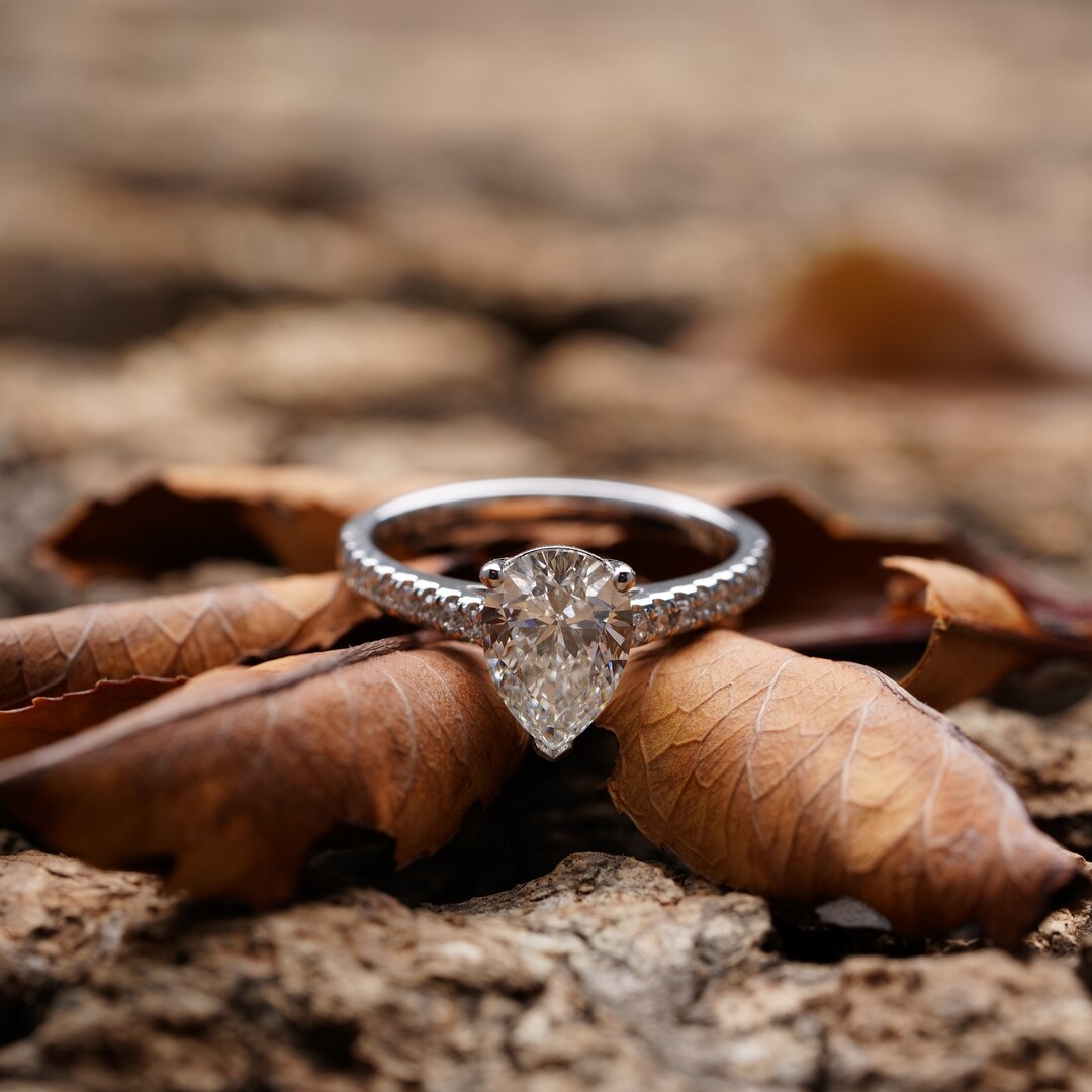Pear Cut Diamond Engagement Ring, Pave Wedding Ring, 14k White Gold ...