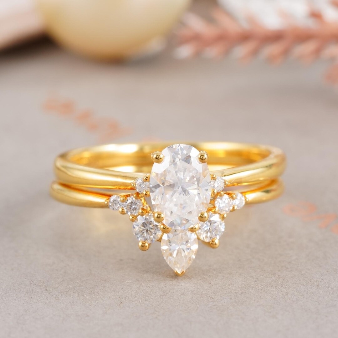 Delicate Oval Cut Engagement Ring Set, 14K Yellow Solid Gold Ring Set ...