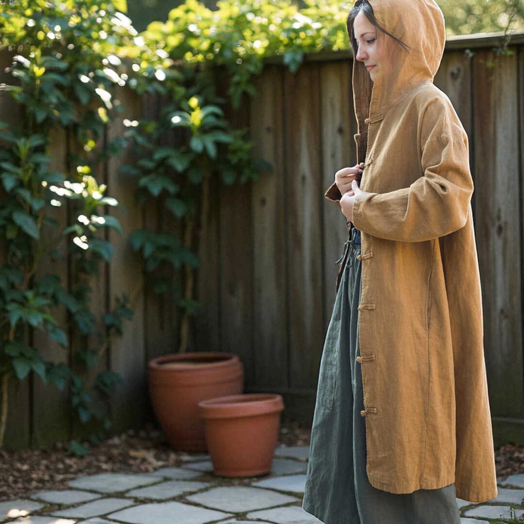 Hooded Linen Long Summer Jacket With Pockets, Relaxed Boho Cottage Robe ...