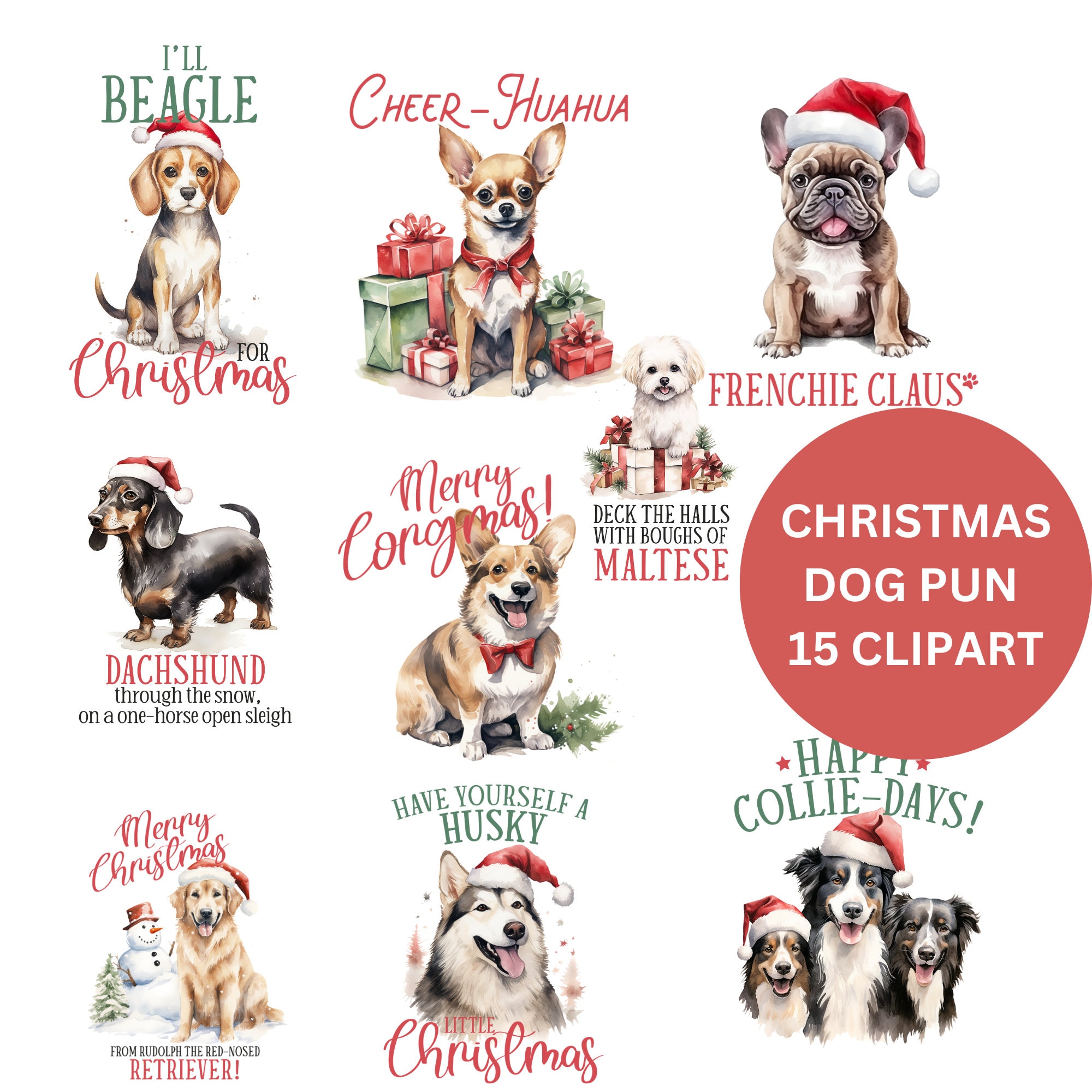 Christmas Dog Puns Sublimation Bundle, Christmas Clipart PNG Bundle for ...