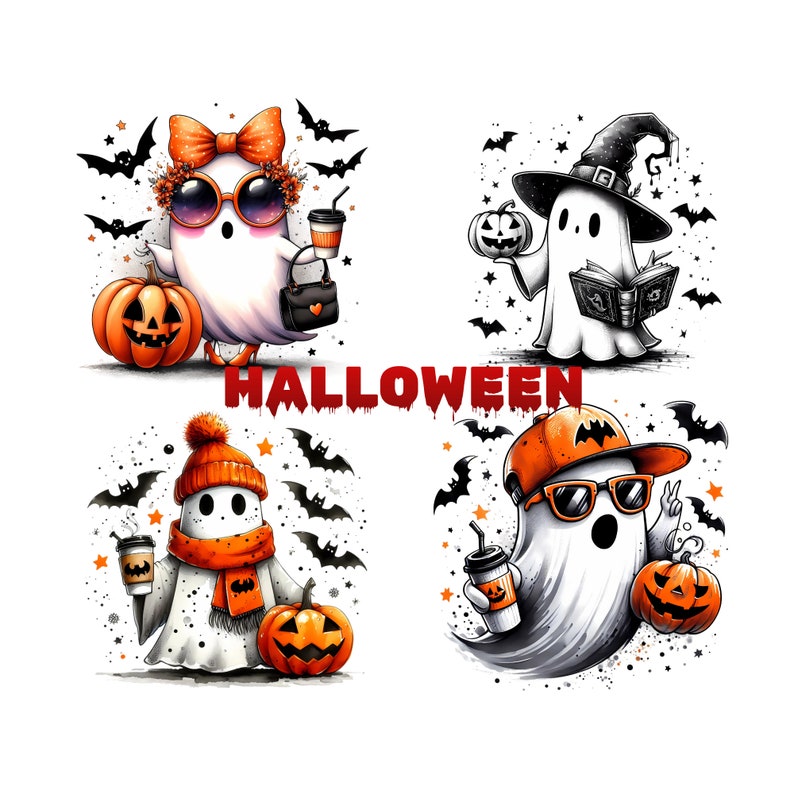 Cute Funny Spooky Ghost Png, Halloween Coffee Png, 10+ Retro Halloween ...