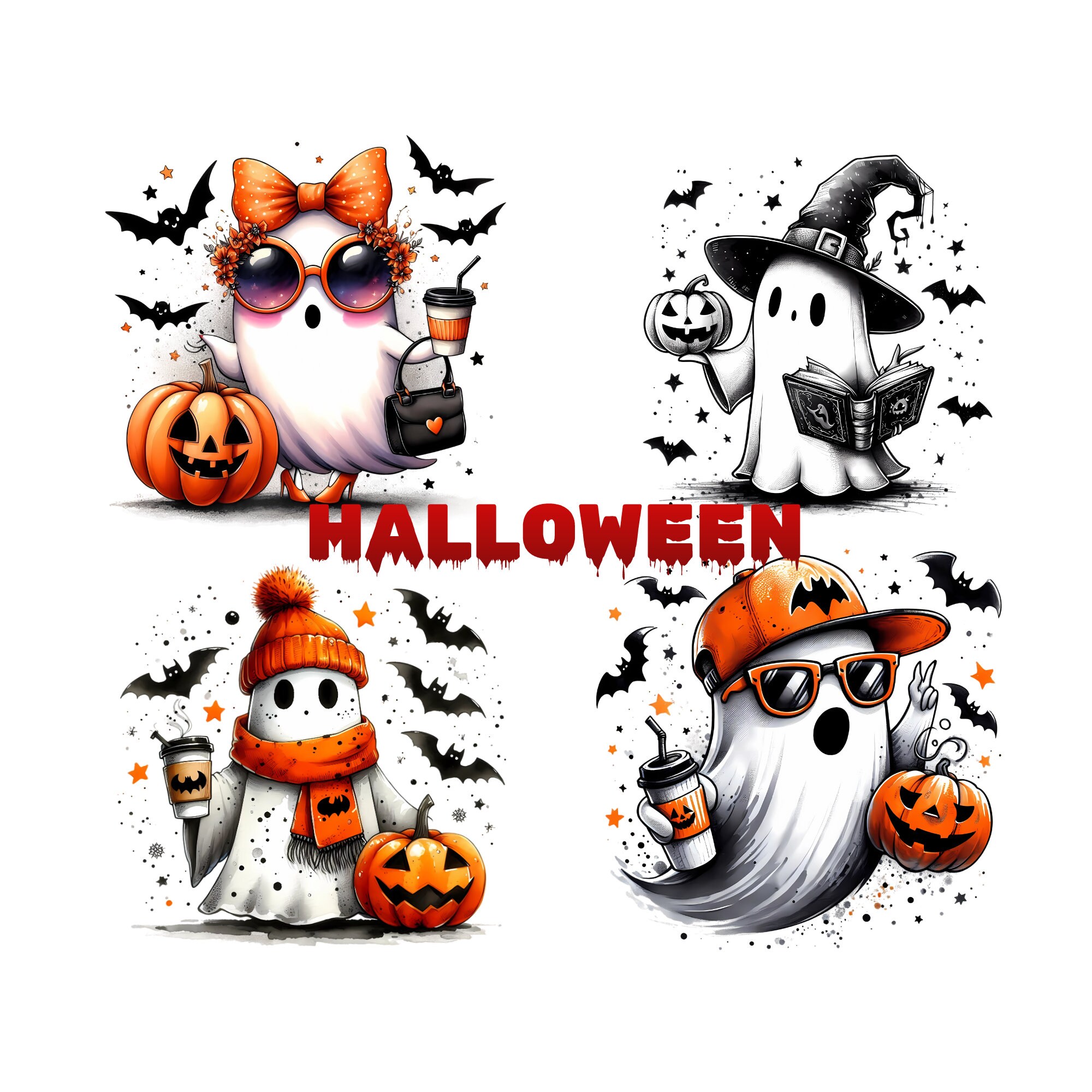 Cute Funny Spooky Ghost Png, Halloween Coffee Png, 10 Retro Halloween ...