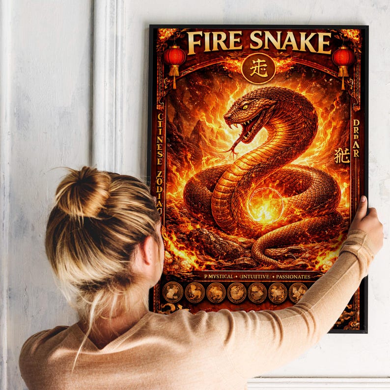 Fire Snake Wall Art, Chinese Zodiac Snake Print, Eastern Astrology ...