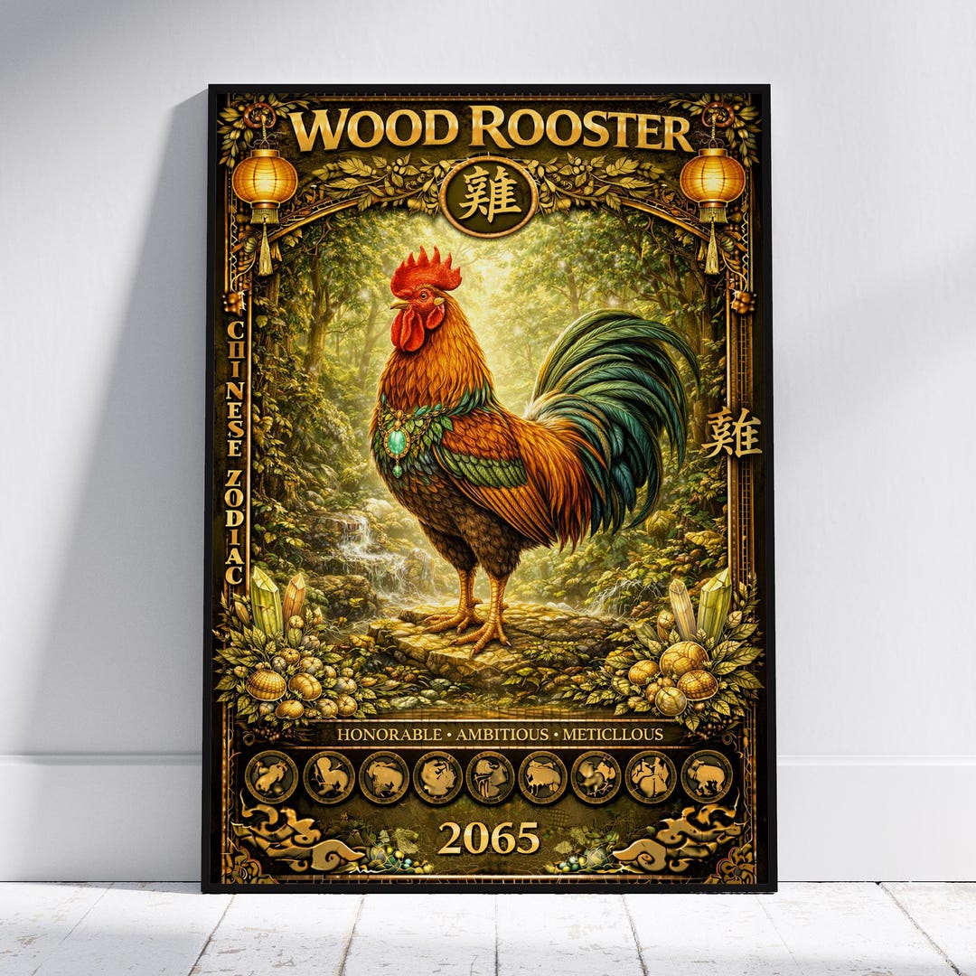 Wood Rooster Zodiac Art, Chinese Rooster Poster, Eastern Astrology ...