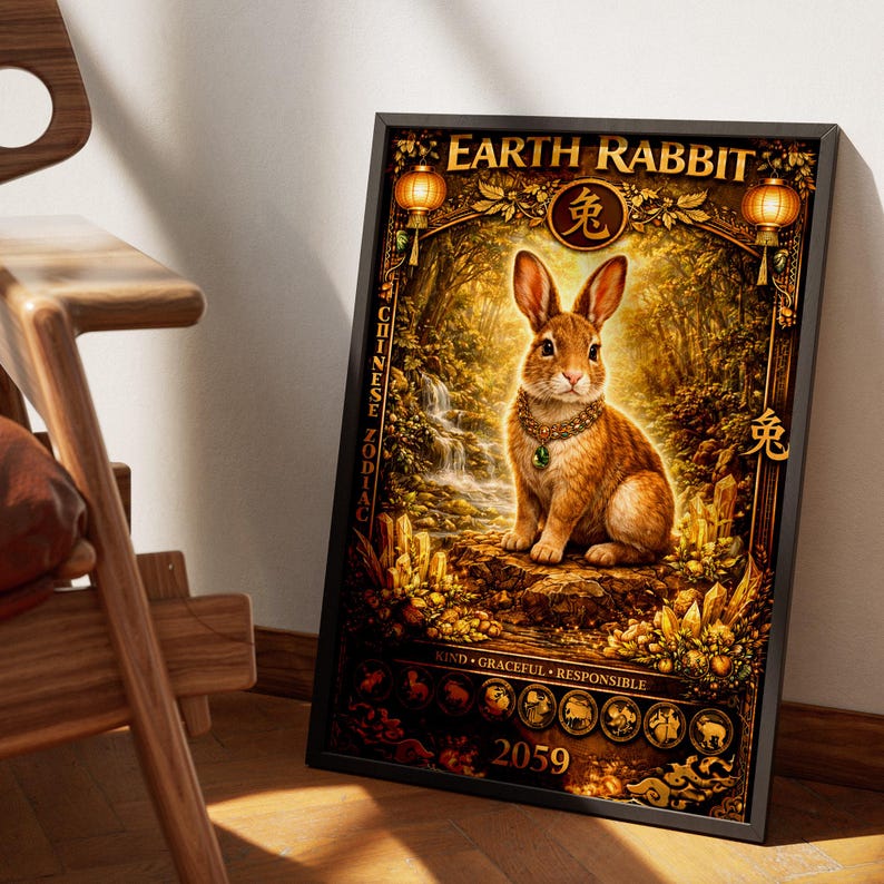 Earth Rabbit Wall Art, Chinese Zodiac Rabbit Print, Eastern Astrology ...