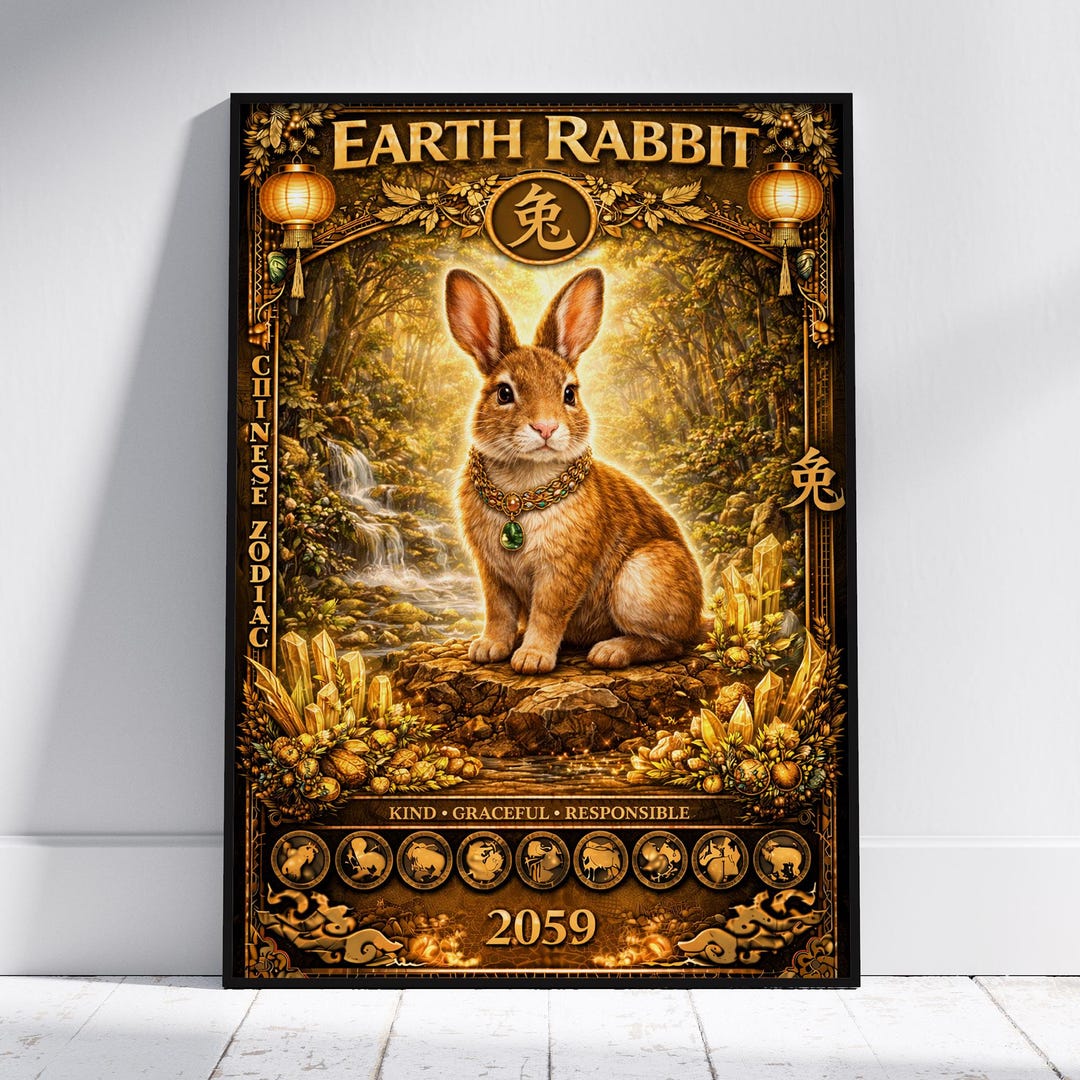 Earth Rabbit Wall Art, Chinese Zodiac Rabbit Print, Eastern Astrology ...