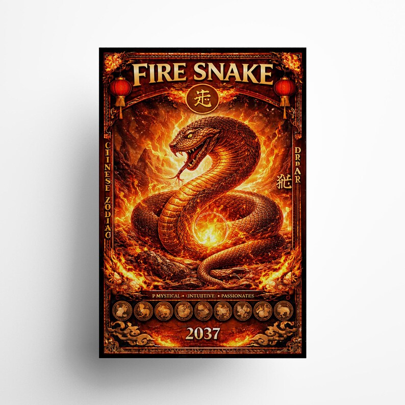 Fire Snake Wall Art, Chinese Zodiac Snake Print, Eastern Astrology ...