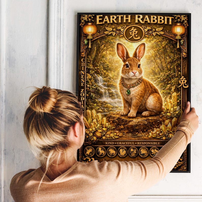 Earth Rabbit Wall Art, Chinese Zodiac Rabbit Print, Eastern Astrology ...