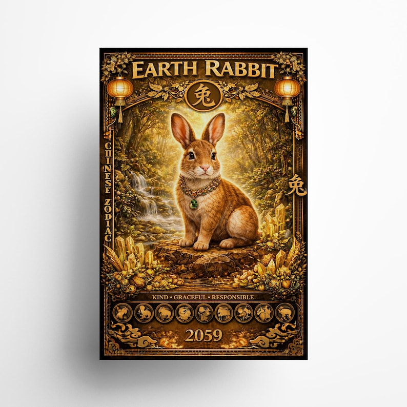 Earth Rabbit Wall Art, Chinese Zodiac Rabbit Print, Eastern Astrology ...