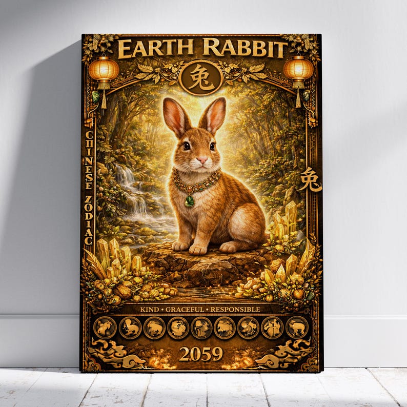 Earth Rabbit Wall Art, Chinese Zodiac Rabbit Print, Eastern Astrology ...