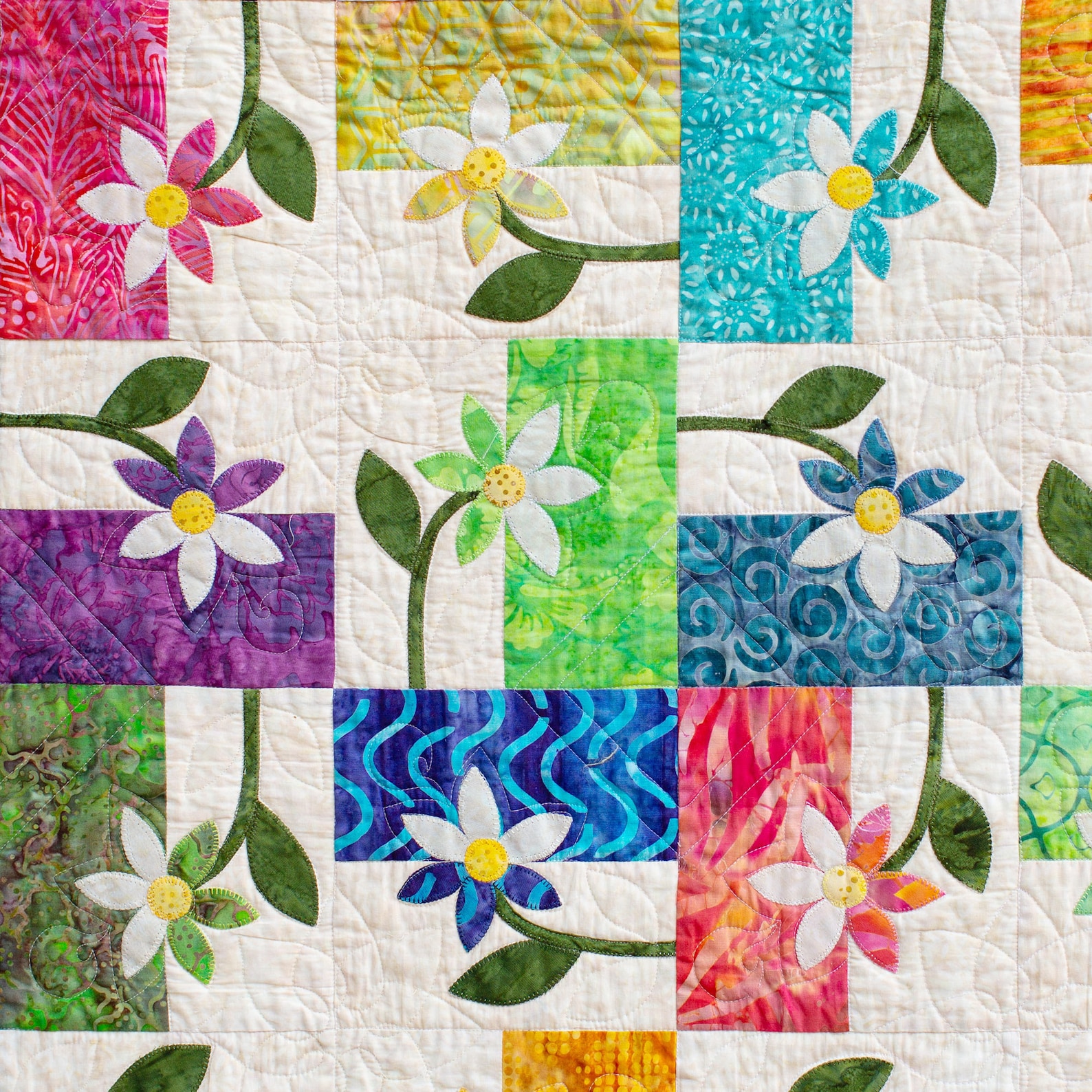 Handmade Heirloom Quilt With Appliqué / Daisies / Colorful Floral ...