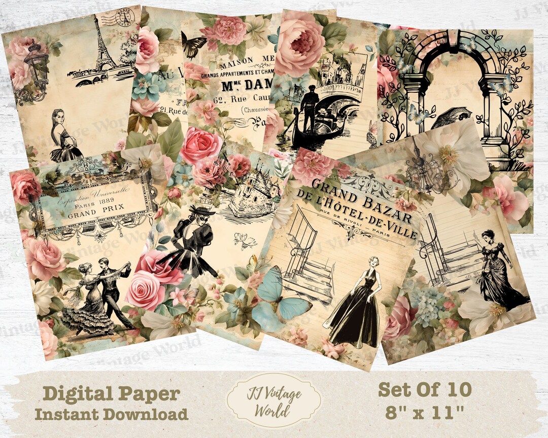 Vintage Paris Digital Paper Set: Eiffel Tower, Floral Design (instant ...