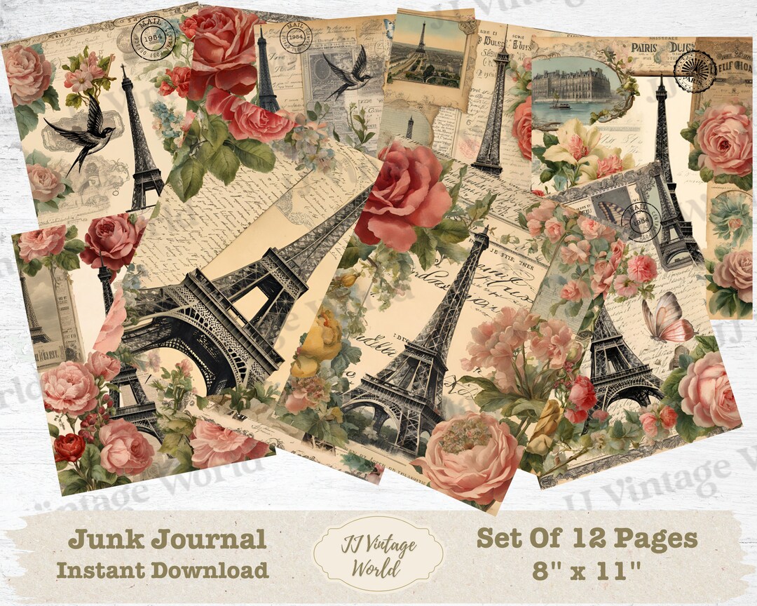 Vintage Paris Digital Paper Set: Eiffel Tower Floral Design (instant ...
