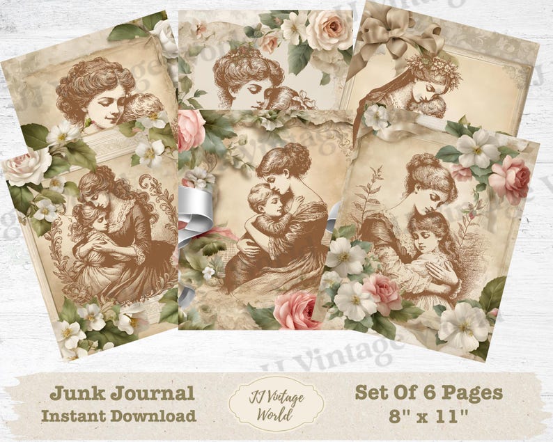 Vintage Mother and Child Junk Journal Pages, Set of 6 Shabby Chic ...