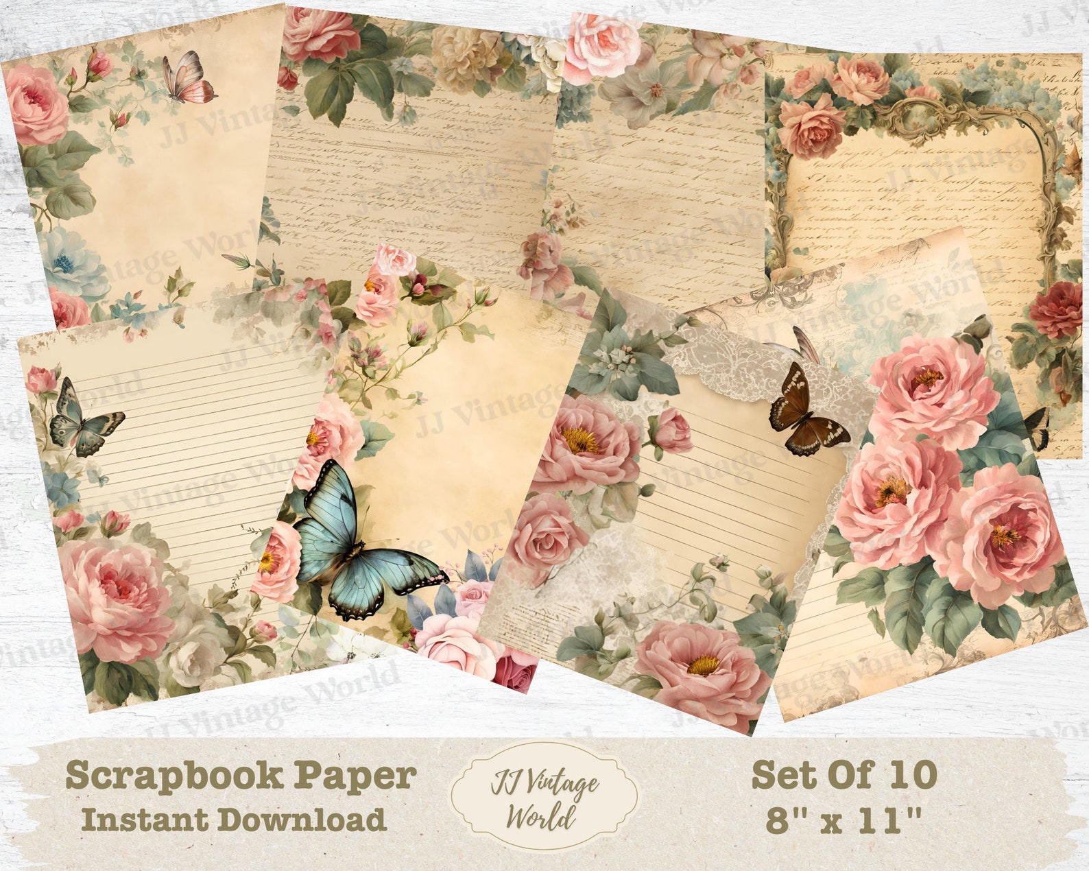 Vintage Paris Shabby Chic Digital Paper Set, Instant Download, Floral ...