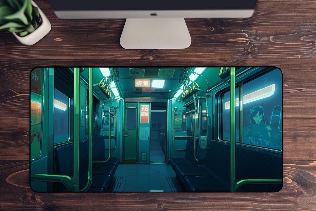 Green Bus Station Desk Mat, 80s Anime Bus Desk Mat, Night Korean Desk ...