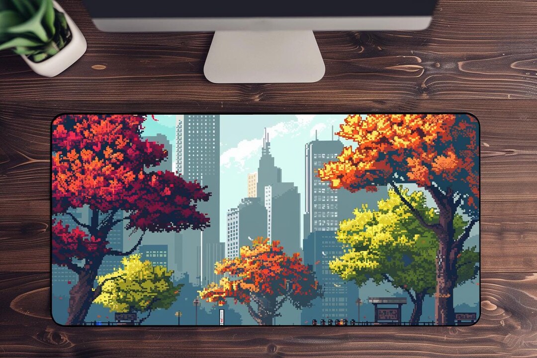 City Pixel Art Desk Mat, Park Forest Desk Mat, 8bit City Desk Mat, City ...