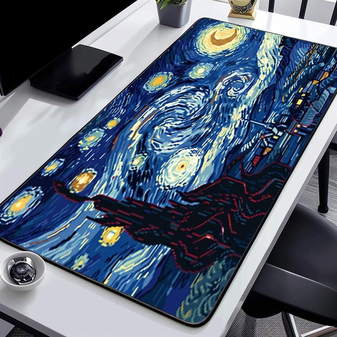 Starry Night Pixel Art Desk Mat, Starry Sky 8 Bit Desk Mat, Retro ...
