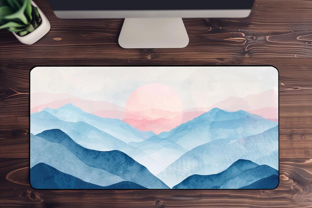 Minimalistic Watercolor Mountain Desk Mat, Watercolor Blue Mountain ...