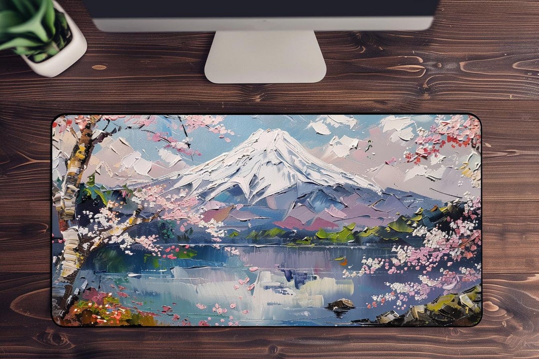 Japanese Mountain Fiji Desk Mat, Landscape Desk Mat, Cherry Blossoms ...