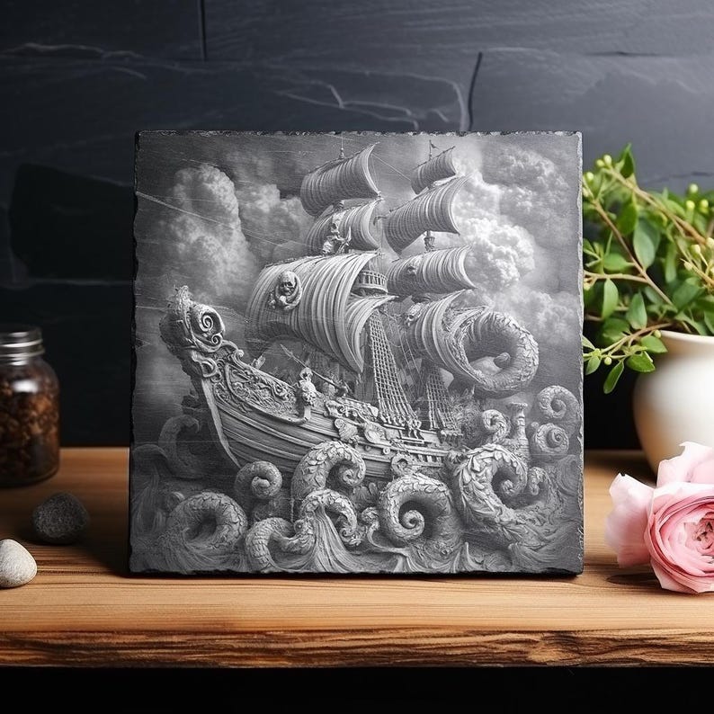 Sea Monster Boat Pirate Ship 3D Illusion Laser File PNG Slate Engrave ...