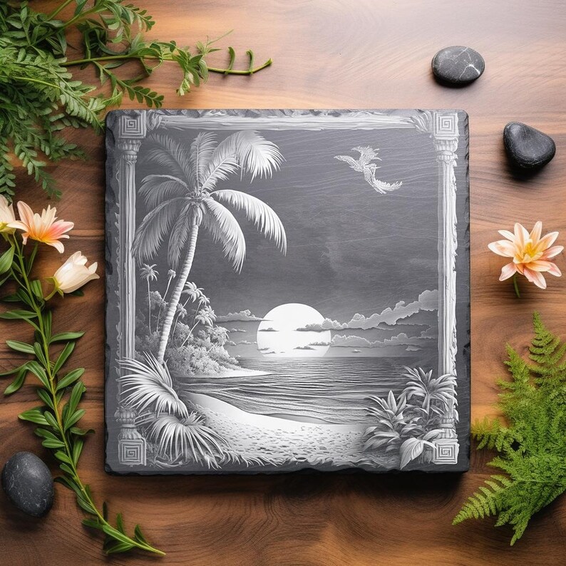 Horizon Oriental Beach Sunset 3D Illusion Laser File PNG Slate Engrave ...