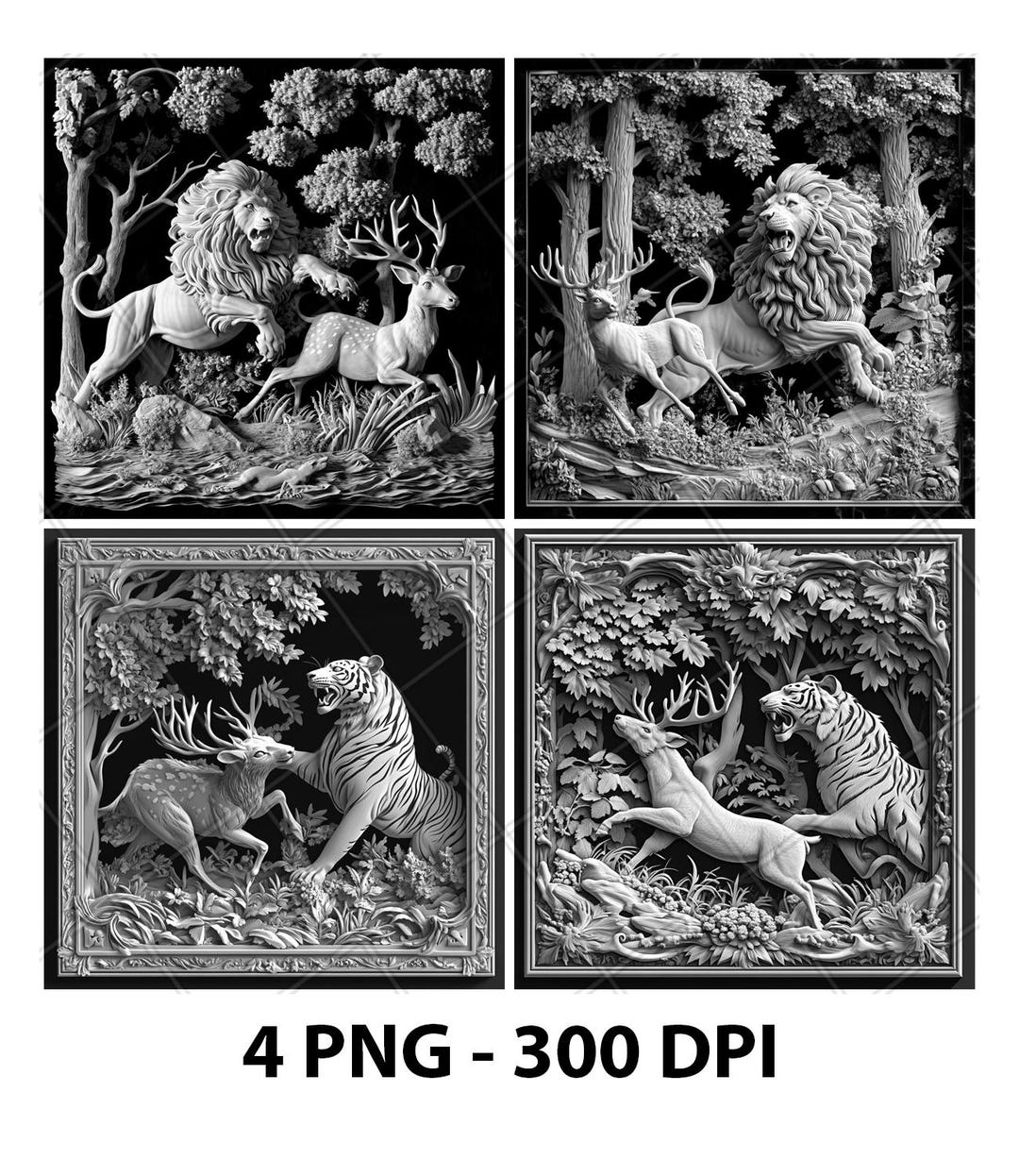 Predators Wild Tiger Lion Deer 3D Illusion Laser File PNG Slate Engrave ...