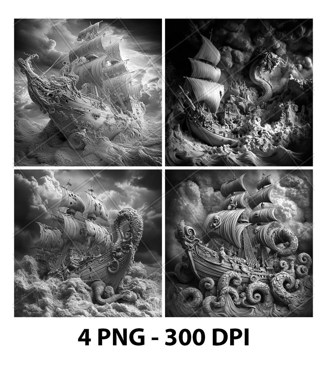 Sea Monster Boat Pirate Ship 3D Illusion Laser File PNG Slate Engrave ...