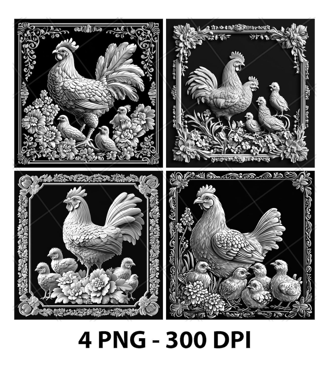 Poultry Chicken Hen and Chicks 3D Illusion Laser File PNG Slate Engrave ...