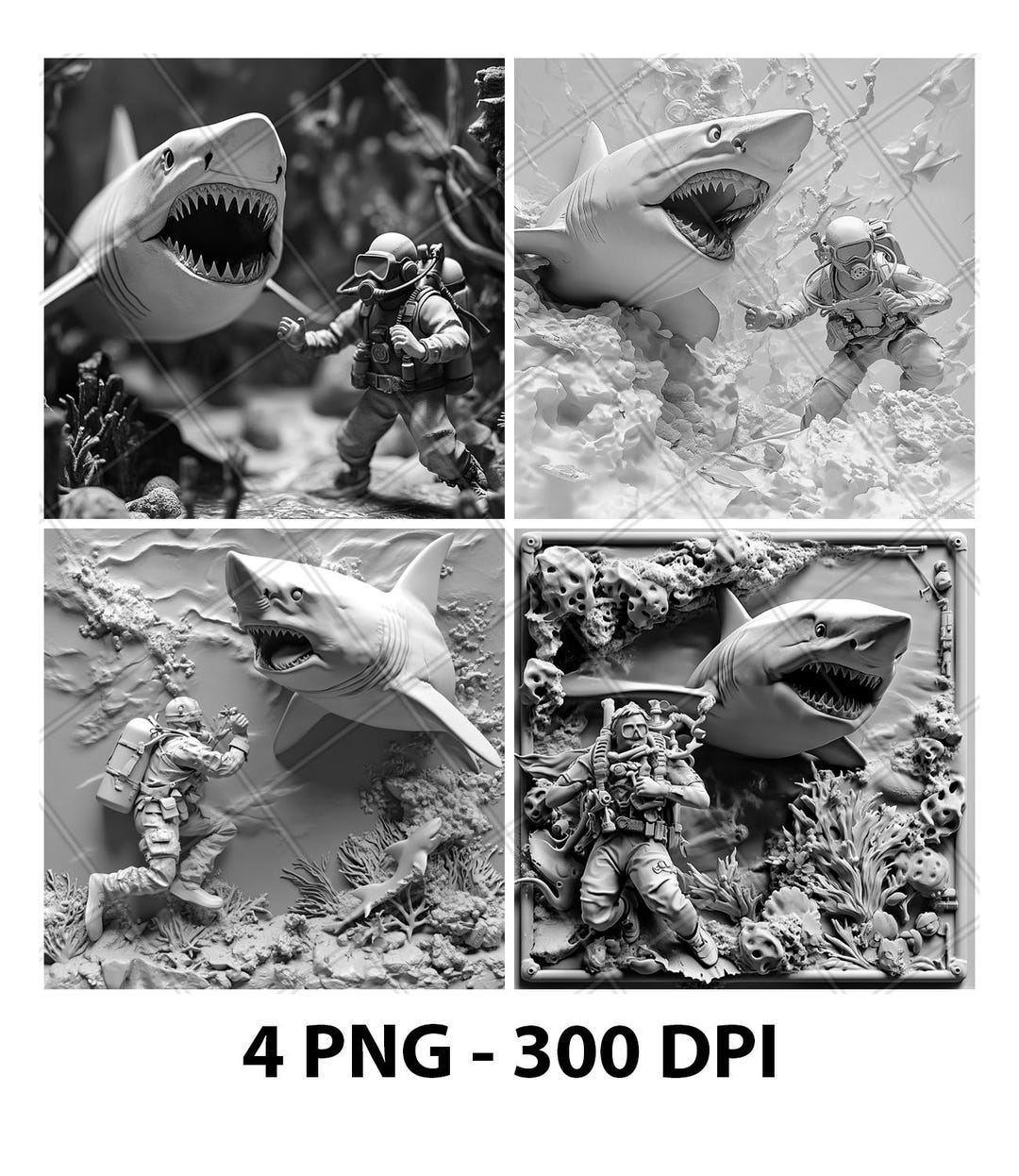 Ocean Scuba Diver Killer Shark 3D Illusion Laser File PNG Slate Engrave ...