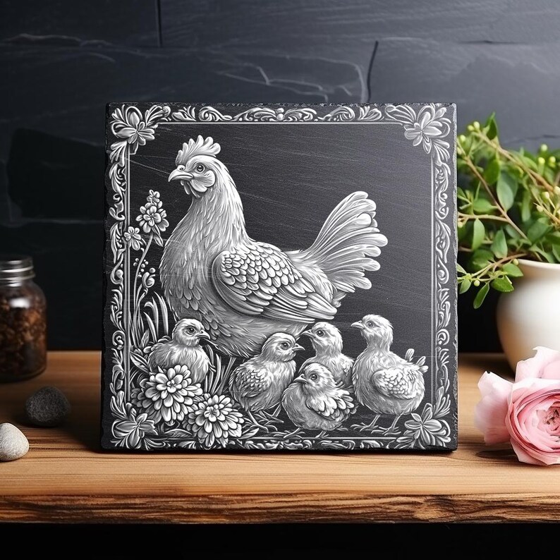 Poultry Chicken Hen and Chicks 3D Illusion Laser File PNG Slate Engrave ...