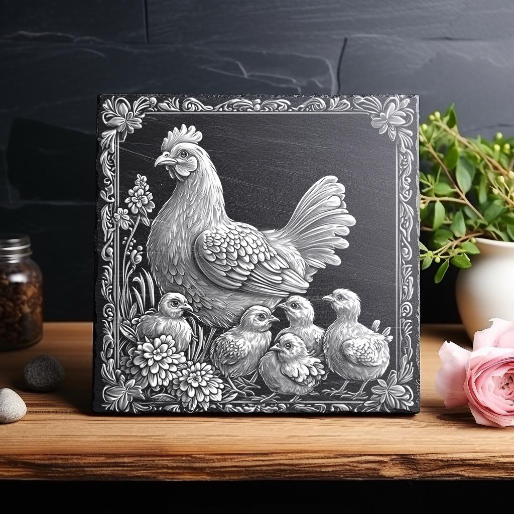 Poultry Chicken Hen and Chicks 3D Illusion Laser File PNG Slate Engrave ...