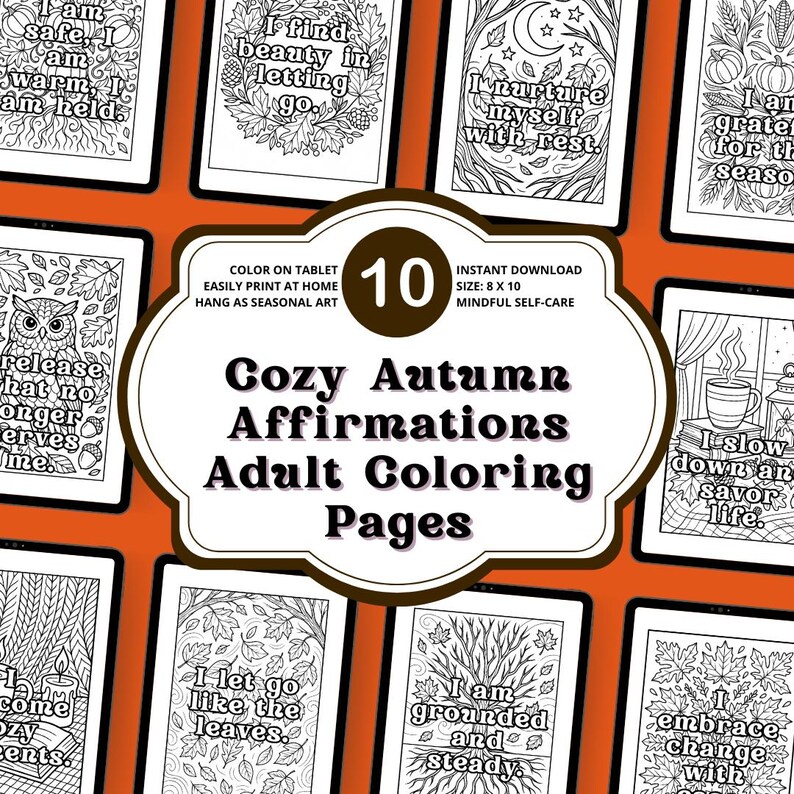 Autumn Affirmations Adult Coloring Pages | Mindfulness Self-care Wall ...