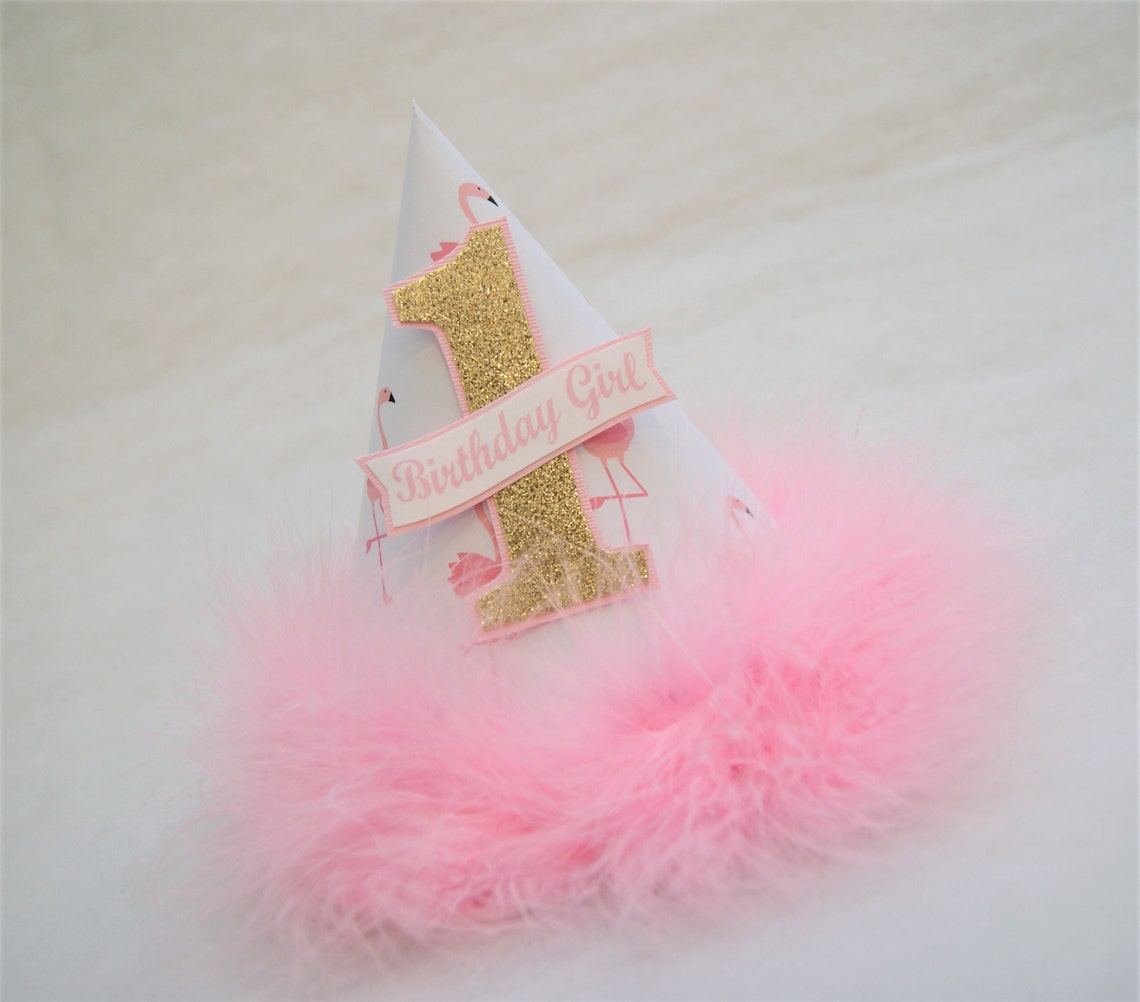 Pink Flamingo Party Hat With Gold Glitter Number - Pink Feather Trim ...