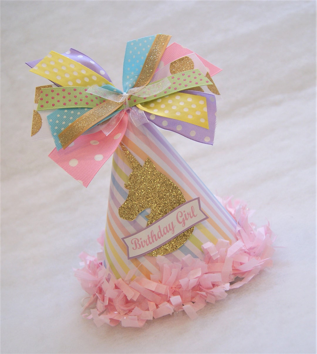Pastel Rainbow Stripe and Gold Unicorn Birthday Party Hat With Tissue ...