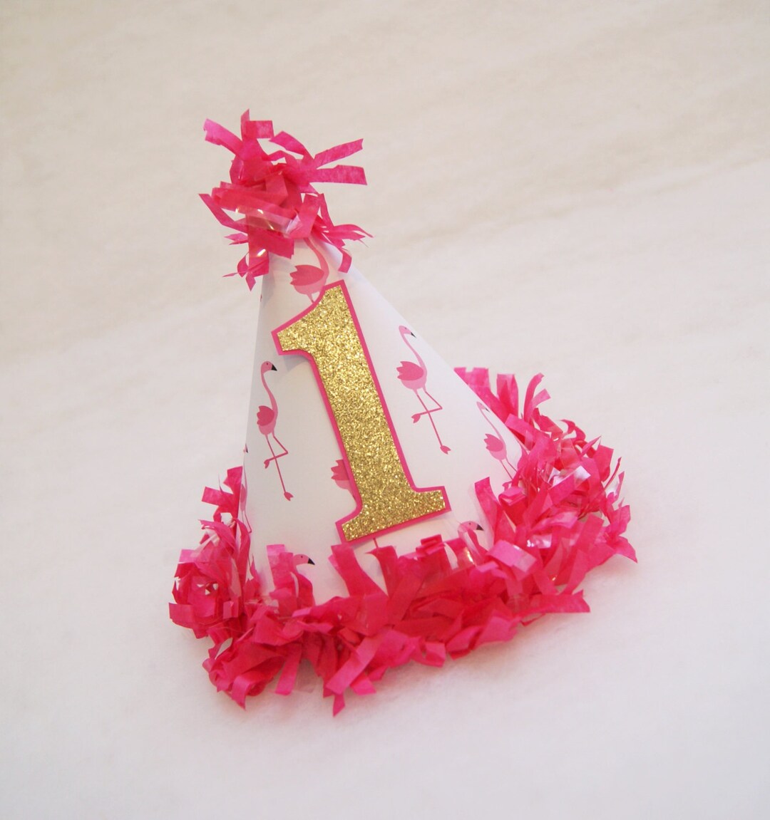Pink Flamingo and Gold Glitter Birthday Party Hat With Tissue Fringe ...