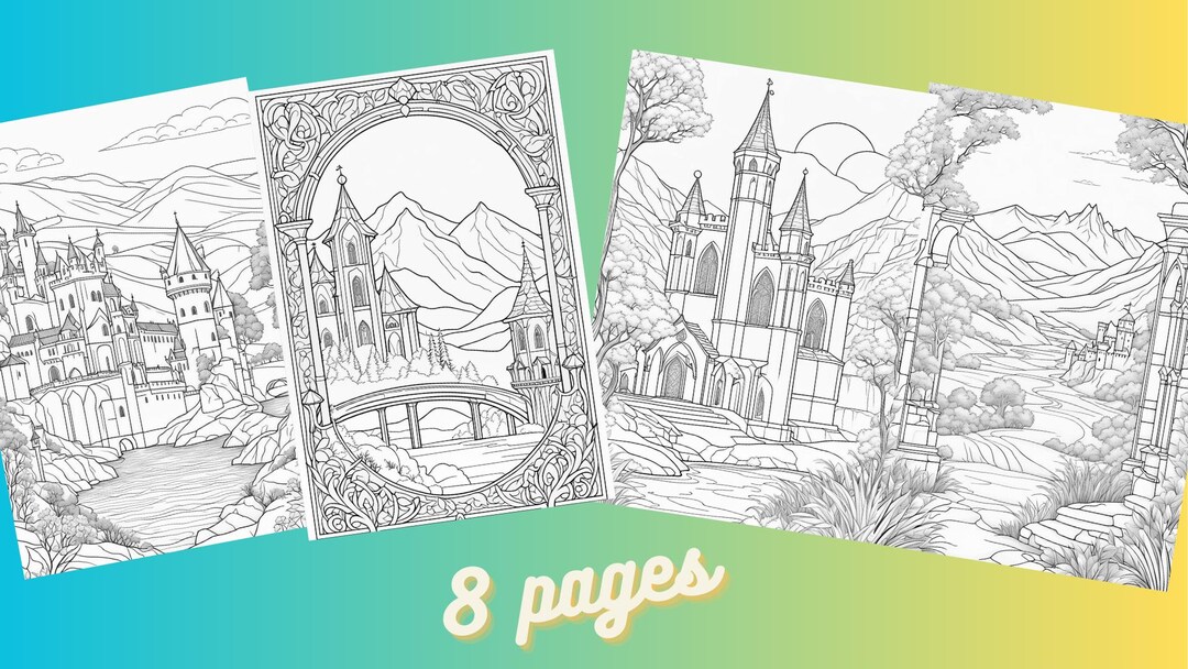Coloriage 8 Pages à Colorier Paysage Médiéval - Etsy