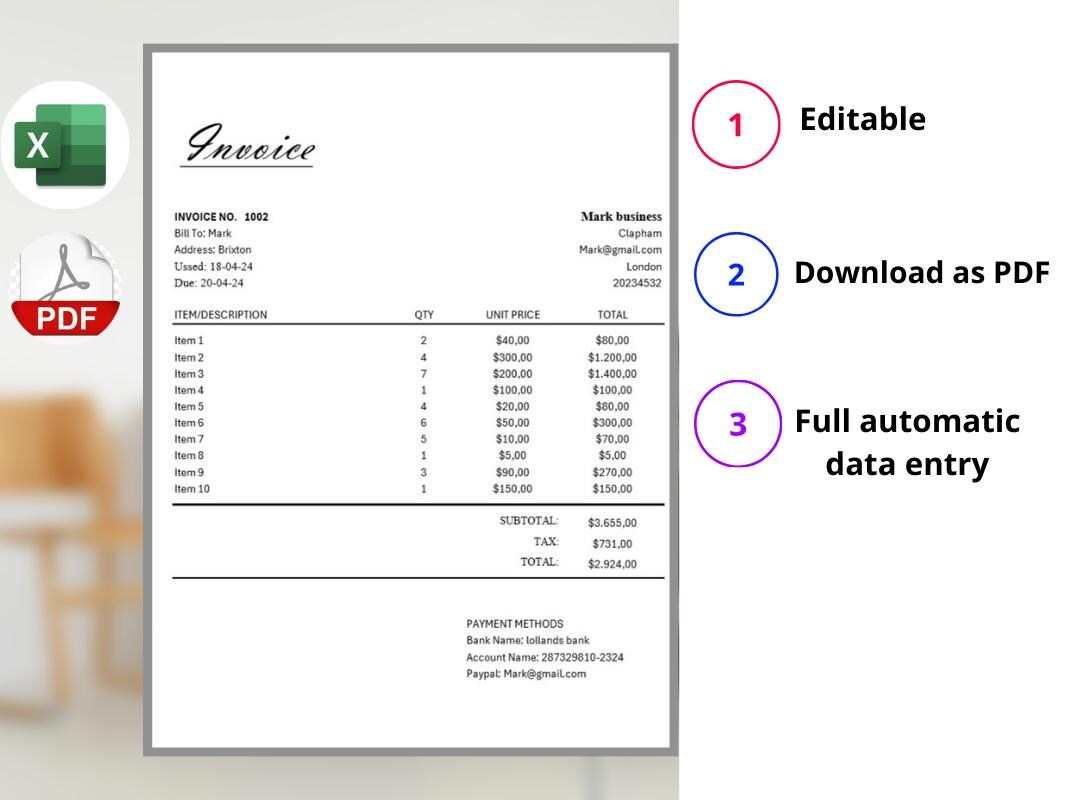Invoice Template Editable Business Invoice Fully Functional Invoice ...