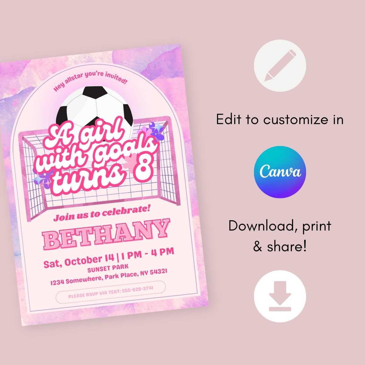 Girls Soccer Birthday Party Invitation editable Girl Football Party ...