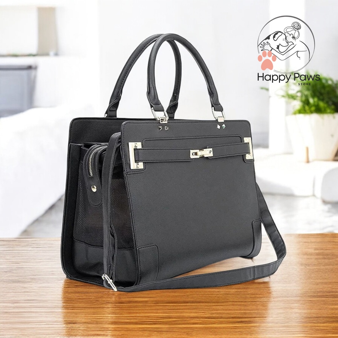 Elegant Black Dog Carrier Bag - Breathable PU Leather Pet Travel Tote ...