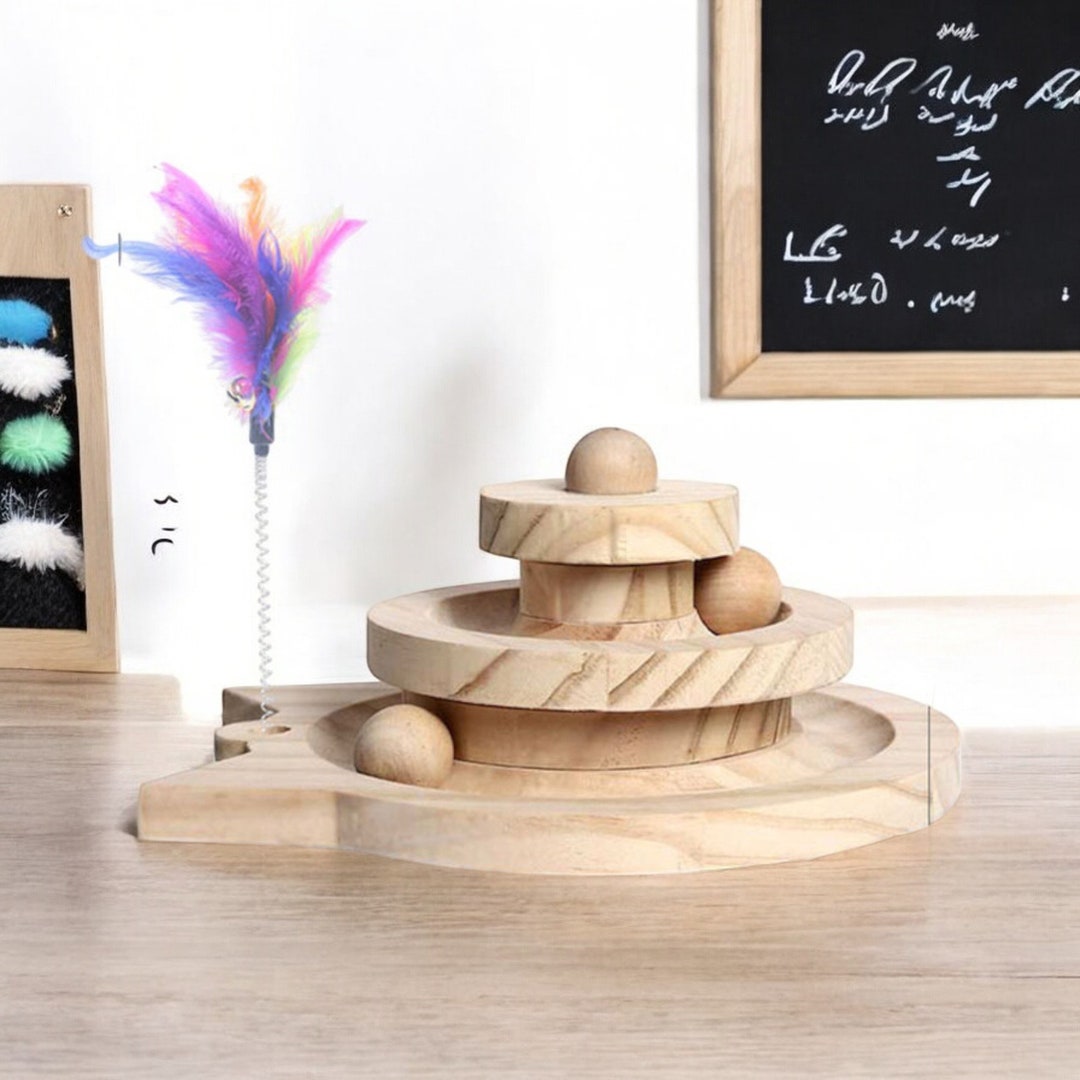 Wooden Cat Toy, Triple-level Track Tower With Feather and Ball for ...