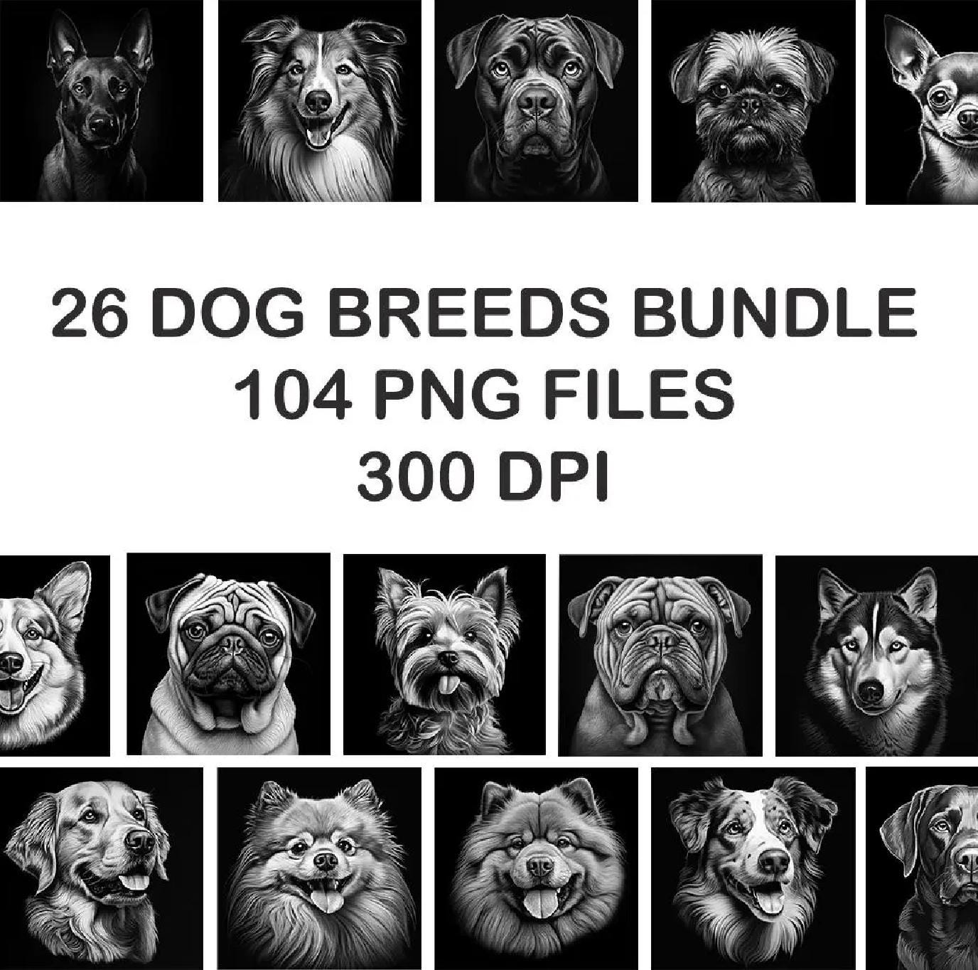 26 Dog Breeds Portrait Bundle Collection Laser Engraving File Slate PNG ...