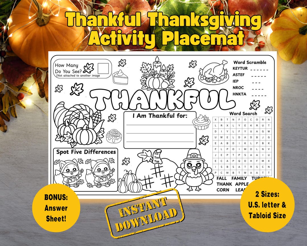 Thankful Thanksgiving Activity Placemat, Kids Printable Gratitude Table ...