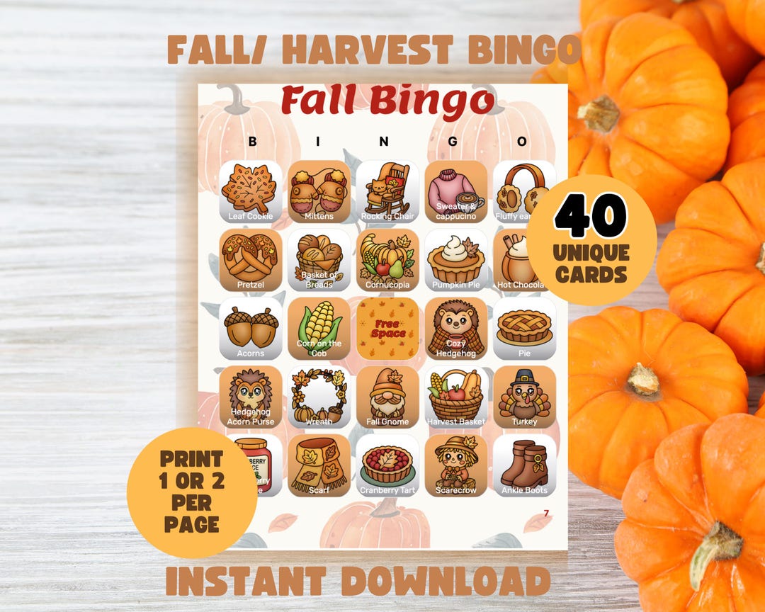 Fall Harvest Bingo Game: 40 Printable Thanksgiving Halloween Cards (PDF ...