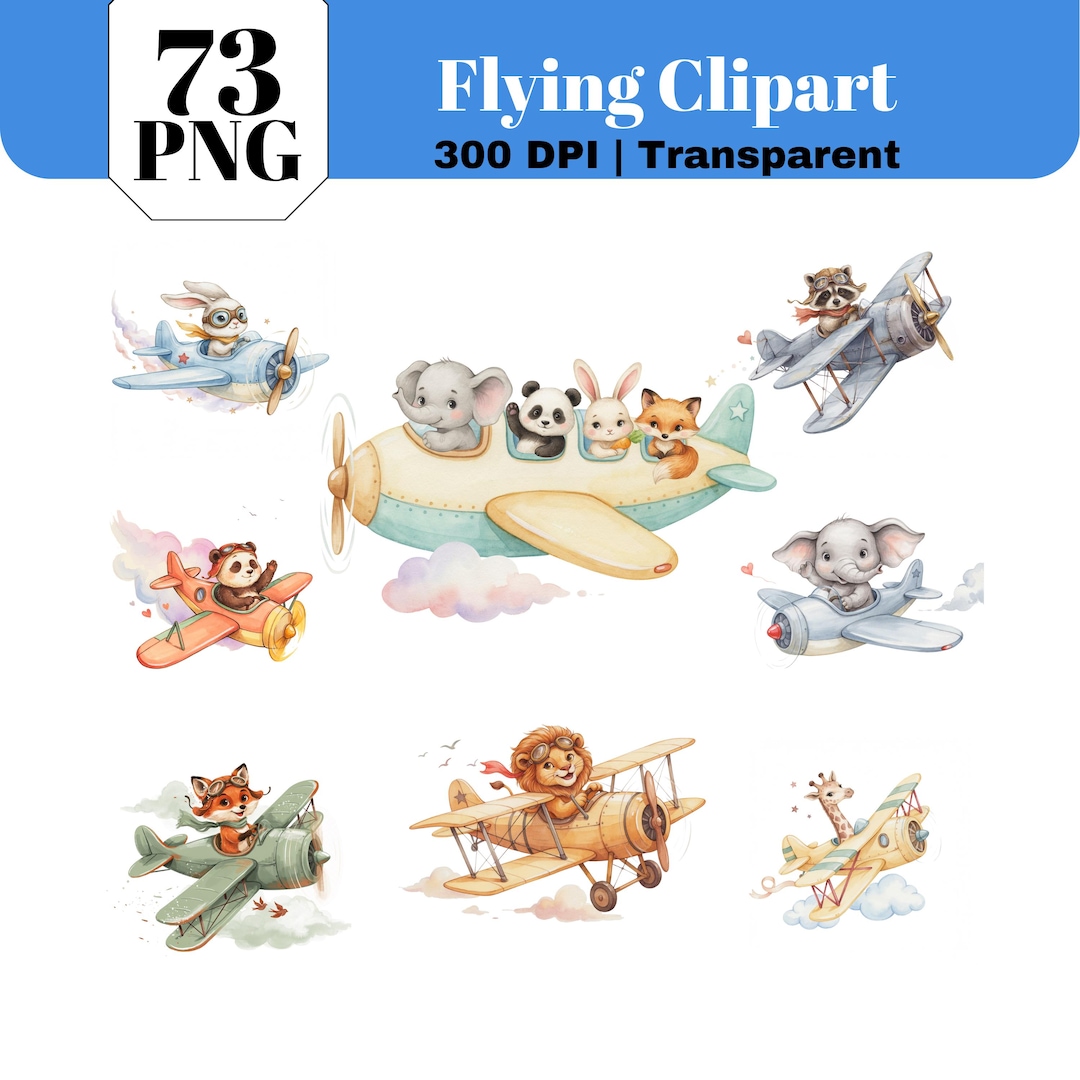 Safari Animals Airplane Clip Art PNG, Watercolor Nursery Animal Plane ...