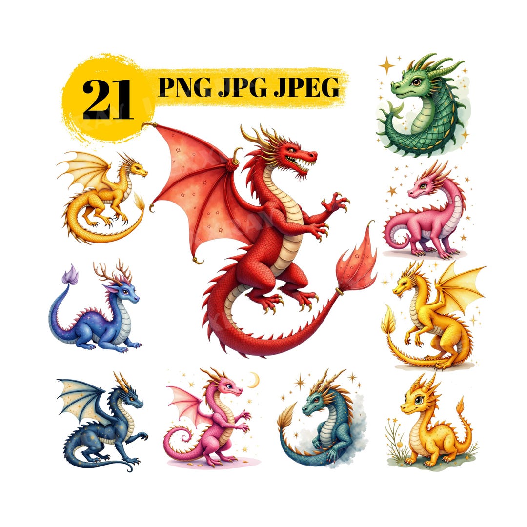 Watercolor Dragon Clipart Bundle, Fantasy Art PNG JPG JPEG (digital ...